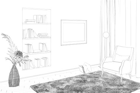 책틈새 말린 꽃병과 안락의자 플로어 램프 창문커튼 사이에 수평 포스터가 있는 방의 스케치 타일 바닥에는 푹신한 카펫이 있습니다