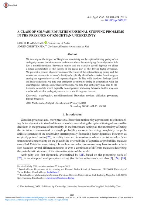 Pdf A Class Of Solvable Multidimensional Stopping Problems In The Presence Of Knightian