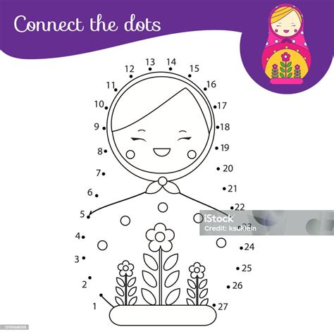 러시아어 마레쉬카 인형 점을 연결합니다 어린이와 유아를위한 숫자 활동으로 점에 점 어린이 교육 게임 0명에 대한 스톡 벡터 아트