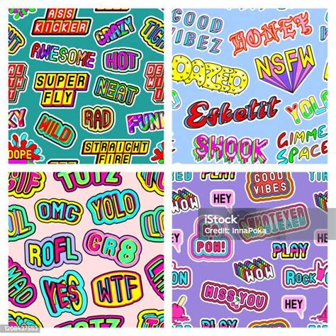 태그 패치와 4 원활한 패턴의 집합입니다 기발한 만화 스타일의 단어 8090 년대의 문구 다채로운 배경 벡터 배경 화면입니다