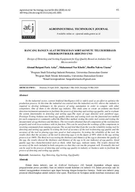 Pdf Rancang Bangun Alat Deteksi Dan Sortasi Mutu Telur Berbasis Mikrokontroler Arduino Uno