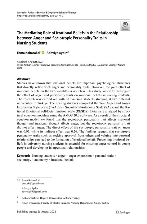 Pdf The Mediating Role Of Irrational Beliefs In The Relationship Between Anger And Sociotropic