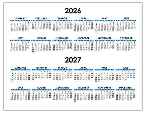 Yearly Calendar 2026 2027 Free Calendarsu