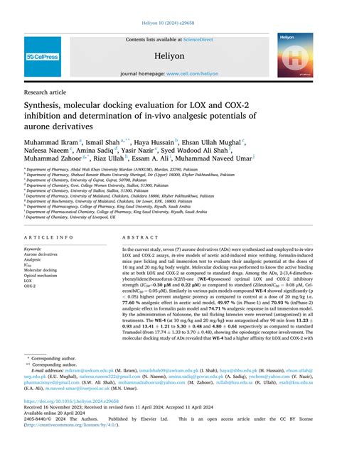 Pdf Synthesis Molecular Docking Evaluation For Lox And Cox 2 Inhibition And Determination Of