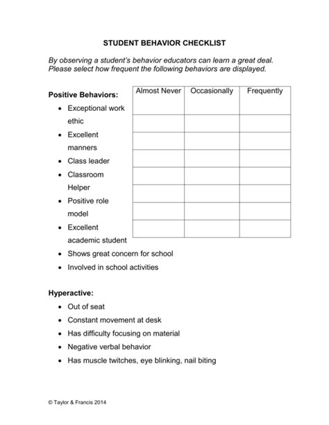 Student Behavior Checklist For Educators