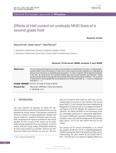 Pdf Effects Of Hall Current On Unsteady Mhd Flows Of A Second Grade Fluid
