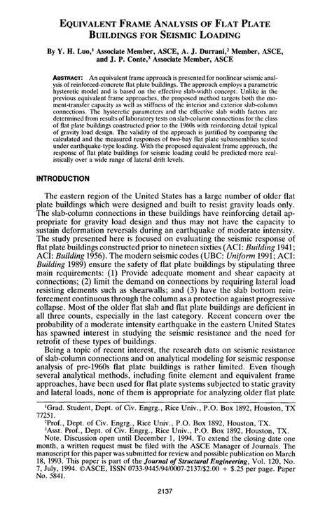 Pdf Equivalent Frame Analysis Of Flat Plate Buildings For Seismic Loading