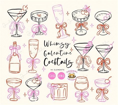 Retro Cocktail Art Galentine Coquette Cocktails With Ribbon Bow Whimsical Wedding Hand Drawn