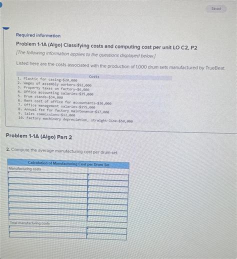 Solved Problem 1 1A Algo Classifying Costs And Computing Chegg Com