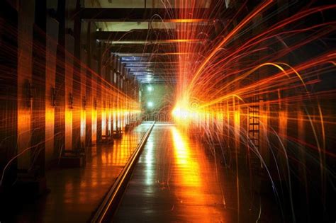 long exposure of particle beams path inside chamber stock illustration
