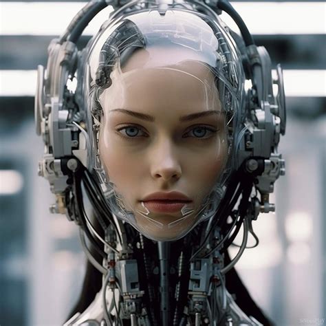 A Robot Woman With Headphones And Wires Attached To Her Face Is Staring