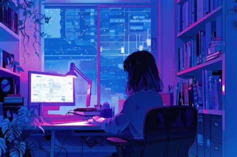 The Programmer Girl Works At The Computer Furniture Table Adult Premium Ai Generated Image