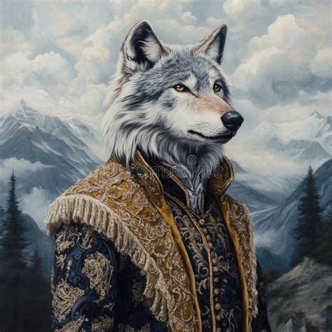 Wolf Dressed In Ornate Vintage Coat Poses Majestically In A Serene