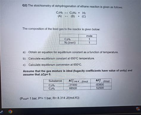 Solved Q2 The Stoichiometry Of Dehydrogenation Of Ethane