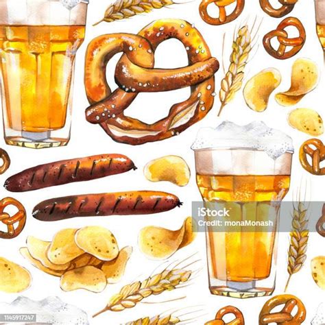 수채화 스타일의 맥주와 간식으로 완벽 한 배경입니다 그림은 흰색에 손으로 그린 패턴입니다 전통적인 옥토버페스트 음식 술집 메뉴 옥토버페스트에 대한 스톡 벡터 아트 및 기타