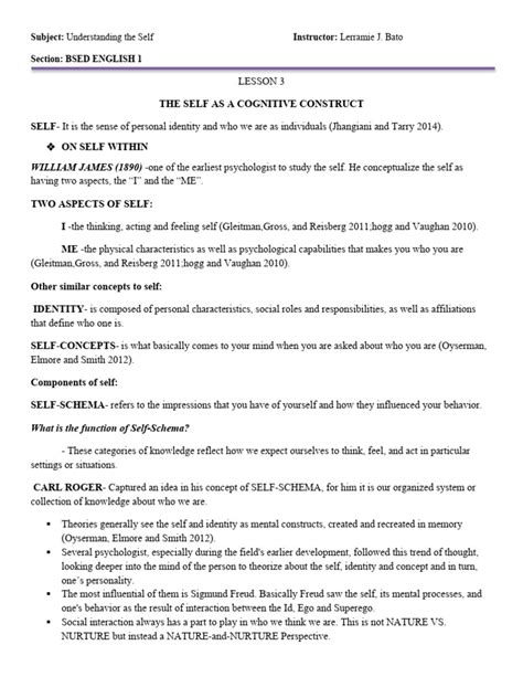 Lesson 3 The Self As Cognitive Construct Pdf Self Esteem Self