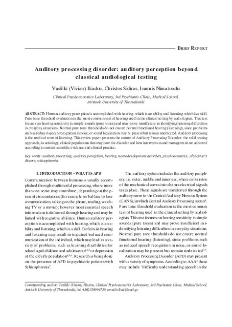 Pdf Auditory Processing Disorder Auditory Perception Beyond
