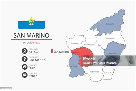 산마리노지도 인포 그래픽 요소 도시의 깃발 제목과는 별개로 전체 면적 통화 언어 및 이 나라의 수도가 있습니다 개념에 대한 스톡 벡터 아트 및 기타 이미지 Istock