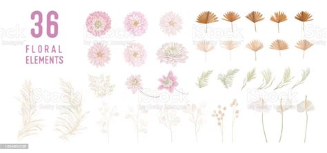 말린 달니아 꽃 달리아 팜파 잔디 열대 야자수 잎 벡터 꽃다발 웨딩 화환 꽃다발 프레임 장식 디자인 요소에 대한 파스텔 수채화 꽃 템플릿 고립 컬렉션 건조한에 대한 스톡