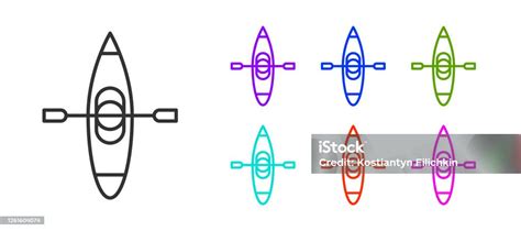 흰색 배경에 고립 된 검은 줄 카약과 패들 아이콘 낚시와 관광을위한 카약과 카누 야외 활동 다채로운 아이콘을 설정합니다 벡터 일러스트레이션 강에 대한 스톡 벡터 아트 및