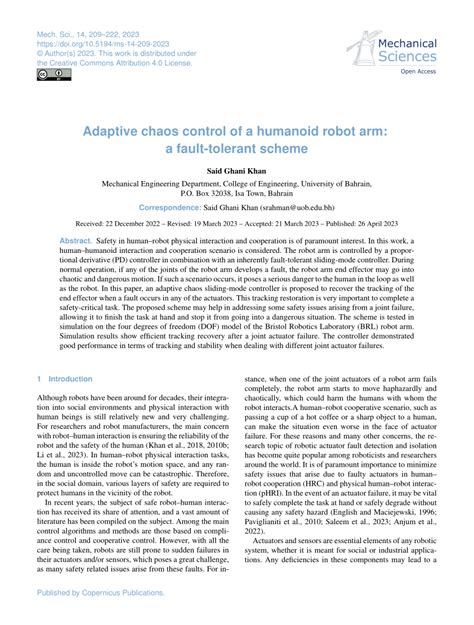 pdf adaptive chaos control of a humanoid robot arm a fault tolerant scheme