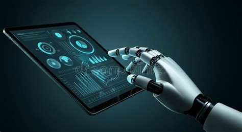 A Robotic Hand Interacts With A Digital Tablet Displaying Various Holographic Graphs Stock