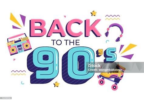 90 년대 레트로 파티 만화 배경 일러스트 레이 션 나인티 음악 운동화 라디오 댄스 타임 및 테이프 카세트 트렌디 플랫 스타일 디자인 1990 1999 년에 대한 스톡 벡터