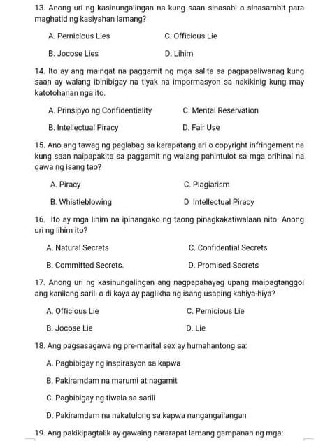 13 Anong uri ng kasinungalingan na kung saan | StudyX