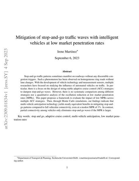 Pdf Mitigation Of Stop And Go Traffic Waves With Intelligent Vehicles At Low Market