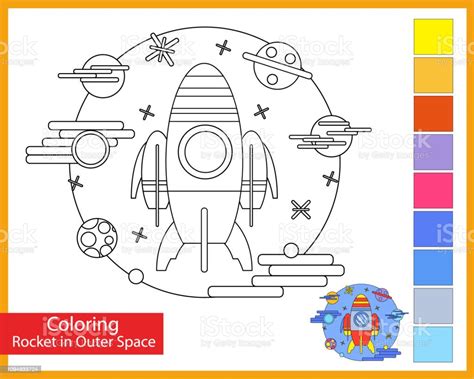 우주 공간에 색칠 로켓입니다 어린이 예술 게임 어린이 위한 우주선 엔터테인먼트입니다 색칠 그림 윤곽선입니다 공간 갤럭시입니다 벡터 일러스트입니다 그리기에 대한 스톡 벡터