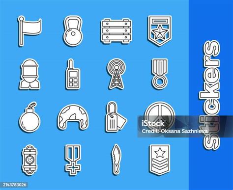 세트 라인 갈매기 모양 평화 군사 보상 메달 탄약 상자 워키 토키 항공 폭탄 깃발 및 레이더 아이콘 벡터 갈매기표 수장에 대한 스톡 벡터 아트 및 기타 이미지 Istock
