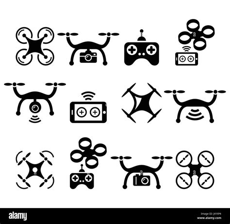 Drone Quadcopter With Camera And Controller Icons Set Stock Vector