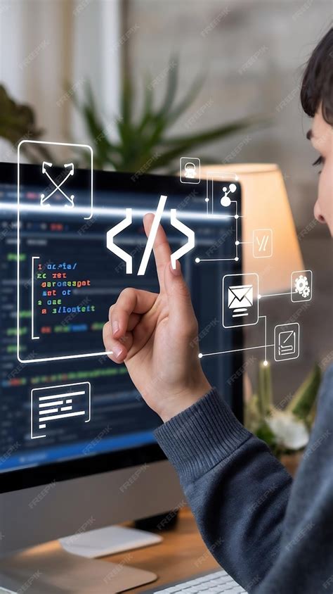 Coding Concept With Software Developer Touching Code Symbol And Icons