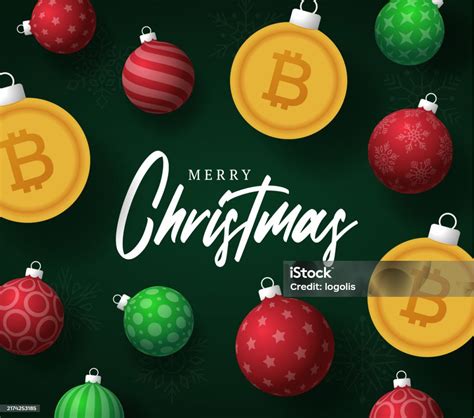 비트 코인 크리스마스 인사말 카드 즐거운 성탄절 보내시고 새해 복 많이 받으세요 암호화폐 인사말 카드 배경에 녹색에 녹색과 빨간색 크리스마스 공 방울 실에 매달려 있습니다