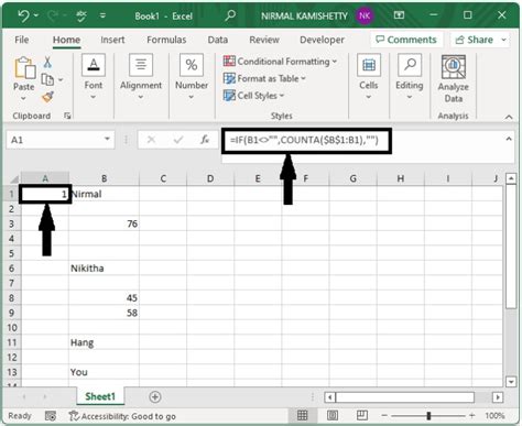 Excel 如果相邻的单元格不是空的，如何对行进行自动编号极客教程
