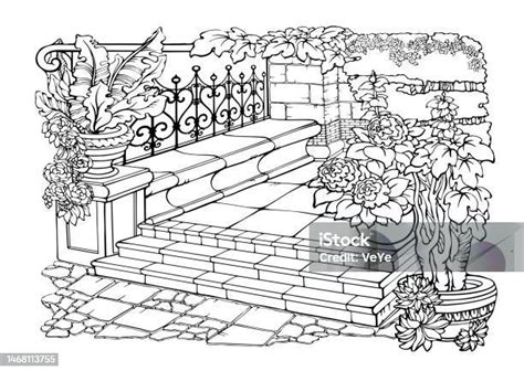 낭만적 인 정원 돌계단 이국적인 꽃이있는 색칠 공부 페이지 벡터 화분 원예용품에 대한 스톡 벡터 아트 및 기타 이미지 화분 원예용품 돌 건축자재 컬러링 북 페이지
