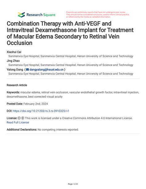 Pdf Combination Therapy With Anti Vegf And Intravitreal Dexamethasone Implant For Treatment Of