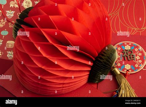 Chinese Red Lantern And Red Envelope Chinese New Year Concept Background Translation On Red