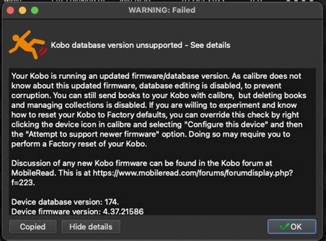 getting error on calibre kobo database unsupported although i made