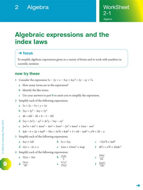 Mm9 Ws 2 1 Algebraic Expressions And The Index Law Pdf Mathematics