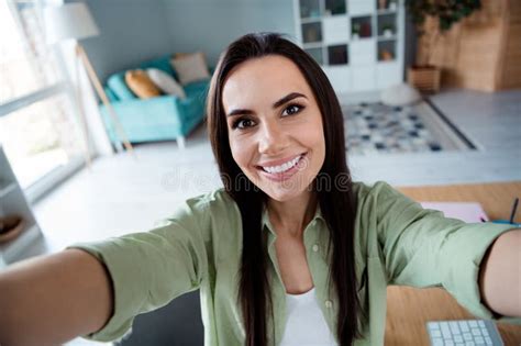Photo Of Lovely Positive It Company Ceo Girl Beaming Smile Make Selfie