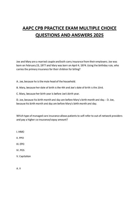 Aapc Cpb Practice Exam Multiple Choice Questions And Answers 2025 Graded A Exams Nursing