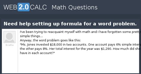 View Question Need Help Setting Up Formula For A Word Problem