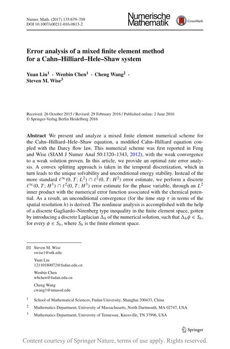 Error Analysis Of A Mixed Finite Element Method For A Cahn Hilliard Hele Shaw System Request Pdf