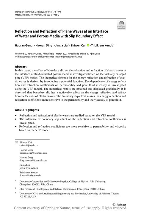 Reflection And Refraction Of Plane Waves At An Interface Of Water And Porous Media With Slip