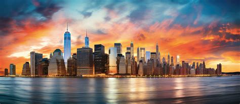 The Manhattan downtown skyline in New York City is illuminated with ...