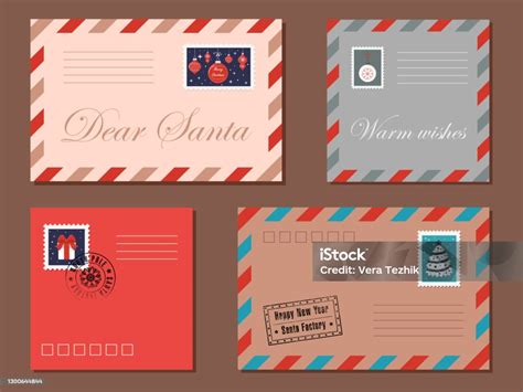 스탬프 봉투에 크리스마스 편지의 친애하는 산타 세트 산타 클로스에 편지 빈티지 봉투 우표와 우편물크리스마스를 테마로 한 봉투 봉투에 대한 스톡 벡터 아트 및 기타 이미지