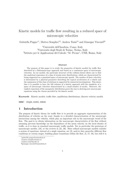 Pdf Kinetic Models For Traffic Flow Resulting In A Reduced Space Of Microscopic Velocities