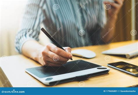 Female Hands Graw On Portable Tablet At Home Interior Graphic Designer Working At Office