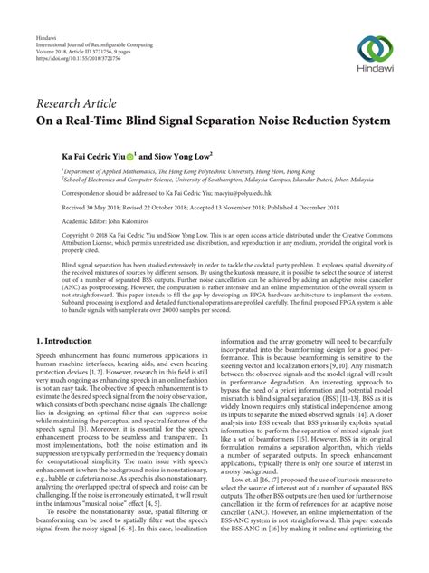 Pdf On A Real Time Blind Signal Separation Noise Reduction System